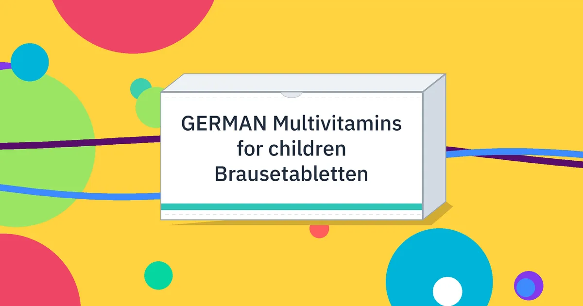 Symbolbild: Packung mit der Aufschrift GERMAN Multivitamins for children Brausetabletten (PZN 15393560) – Verfügbarkeit und Bezug in Apotheken in Frankfurt am Main