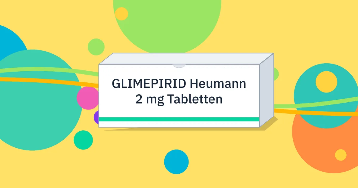 Symbolbild: Packung mit der Aufschrift GLIMEPIRID Heumann 2 mg Tabletten (PZN 04378847) – Verfügbarkeit und Bezug in Apotheken in Frankfurt am Main