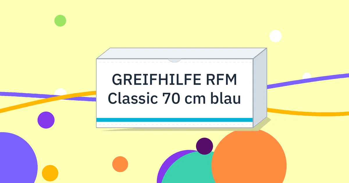 Symbolbild: Packung mit der Aufschrift GREIFHILFE RFM Classic 70 cm blau (PZN 20323739) – Verfügbarkeit und Bezug in Apotheken in Frankfurt am Main