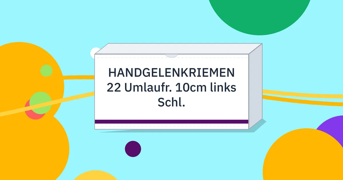 Symbolbild: Packung mit der Aufschrift HANDGELENKRIEMEN 22 Umlaufr. 10cm links Schl. (PZN 01963226) – Verfügbarkeit und Bezug in Apotheken in Frankfurt am Main