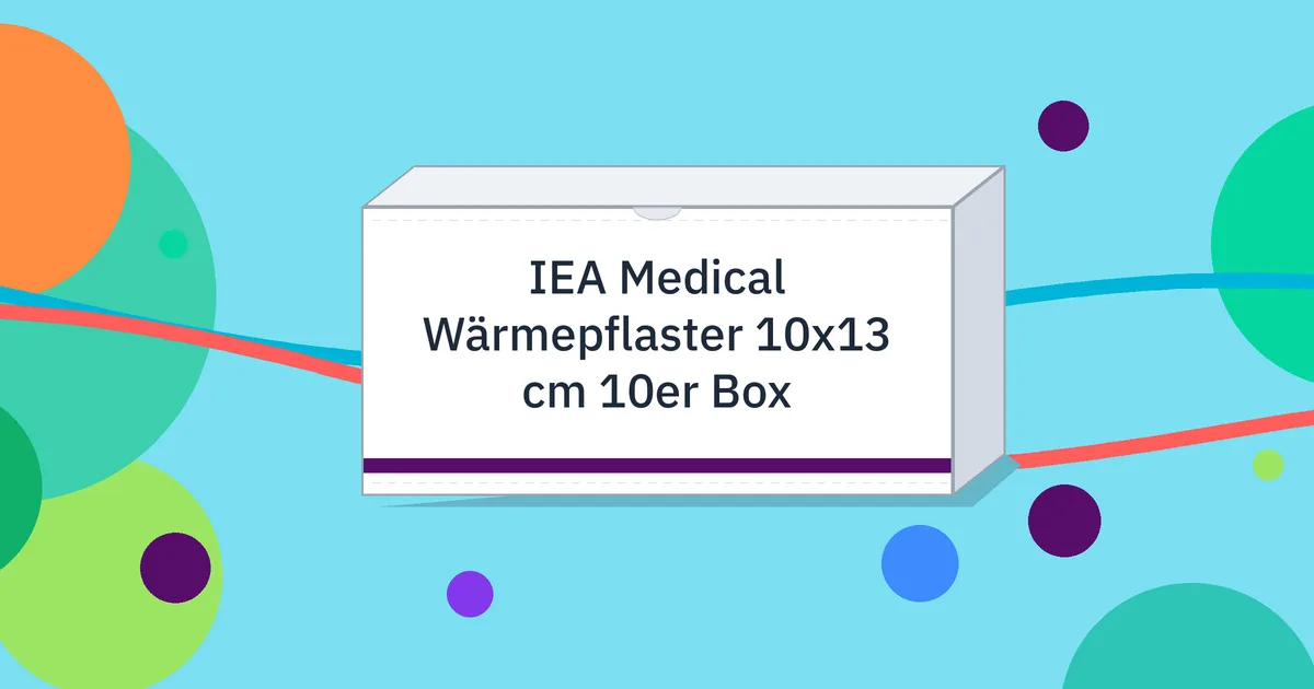 Symbolbild: Packung mit der Aufschrift IEA Medical Wärmepflaster 10x13 cm 10er Box (PZN 19109946) – Verfügbarkeit und Bezug in Apotheken in Frankfurt am Main