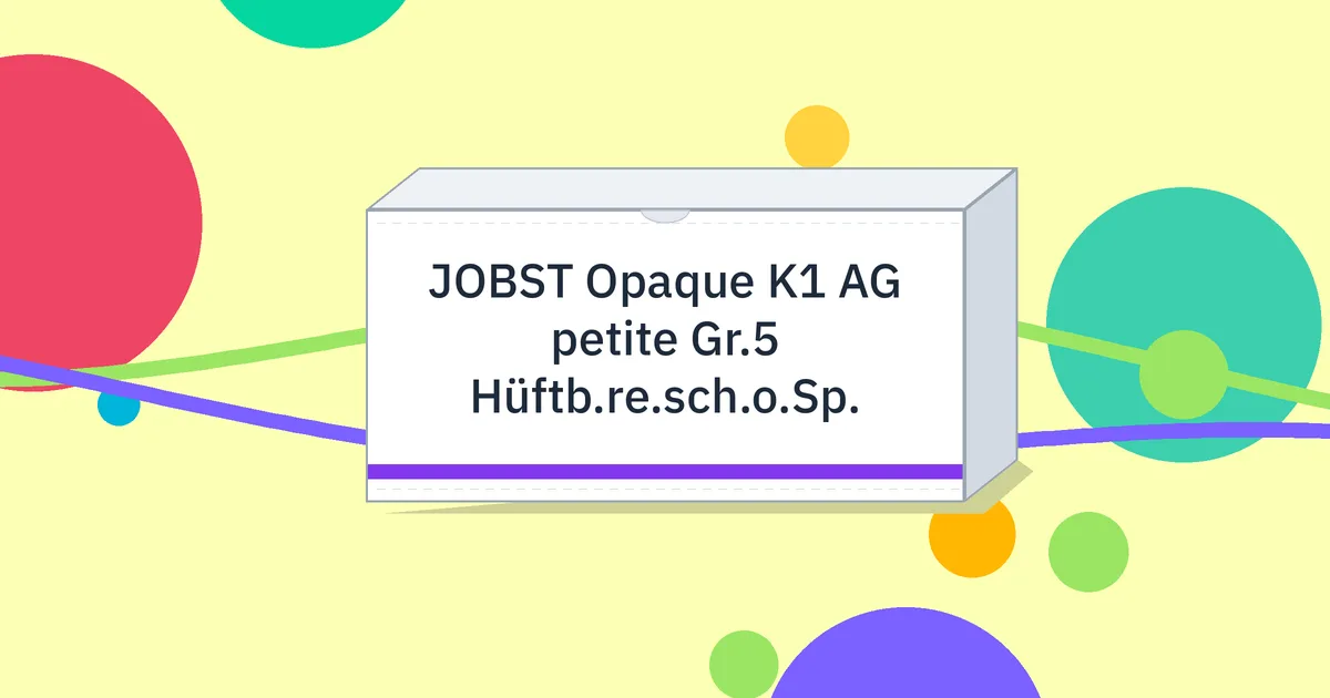 Symbolbild: Packung mit der Aufschrift JOBST Opaque K1 AG petite Gr.5 Hüftb.re.sch.o.Sp. (PZN 13099655) – Verfügbarkeit und Bezug in Apotheken in Frankfurt am Main