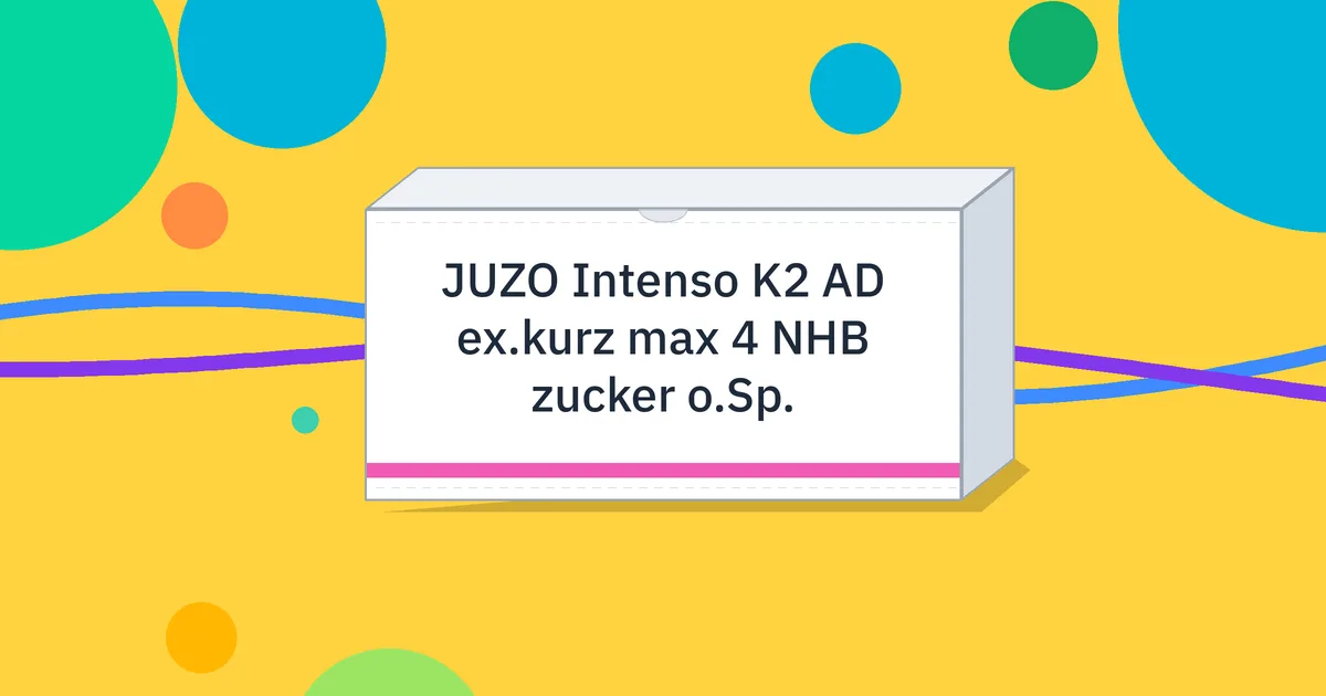 Symbolbild: Packung mit der Aufschrift JUZO Intenso K2 AD ex.kurz max 4 NHB zucker o.Sp. (PZN 18620714) – Verfügbarkeit und Bezug in Apotheken in Frankfurt am Main