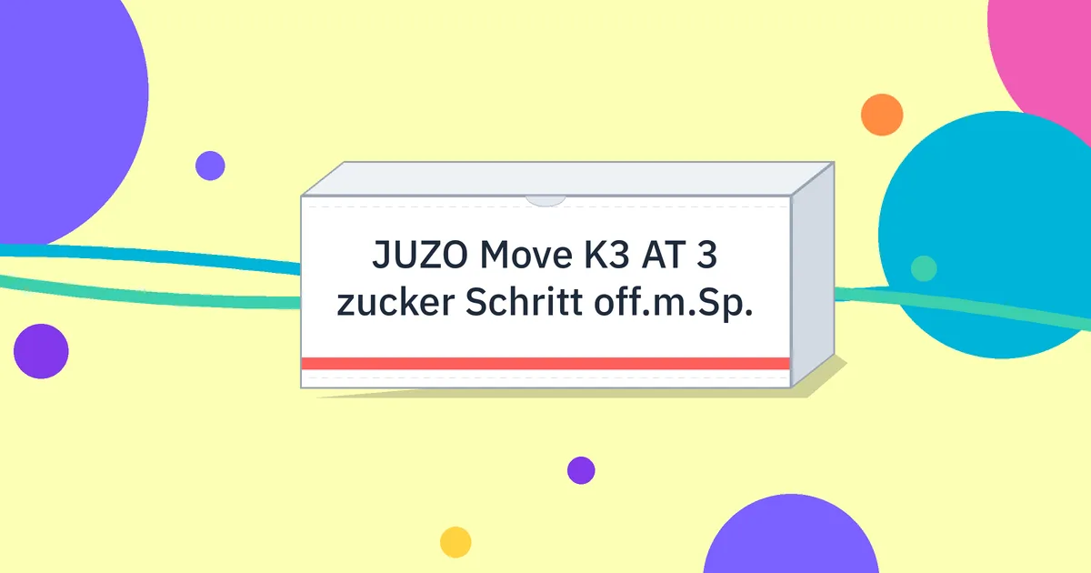 Symbolbild: Packung mit der Aufschrift JUZO Move K3 AT 3 zucker Schritt off.m.Sp. (PZN 20677236) – Verfügbarkeit und Bezug in Apotheken in Frankfurt am Main