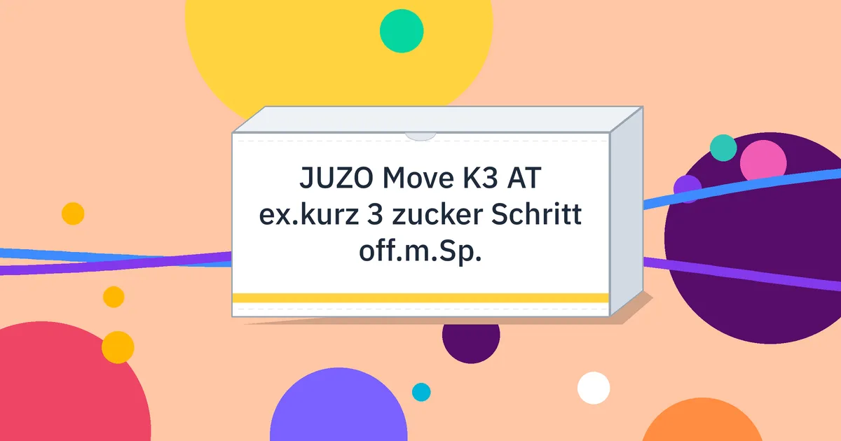 Symbolbild: Packung mit der Aufschrift JUZO Move K3 AT ex.kurz 3 zucker Schritt off.m.Sp. (PZN 20680327) – Verfügbarkeit und Bezug in Apotheken in Frankfurt am Main