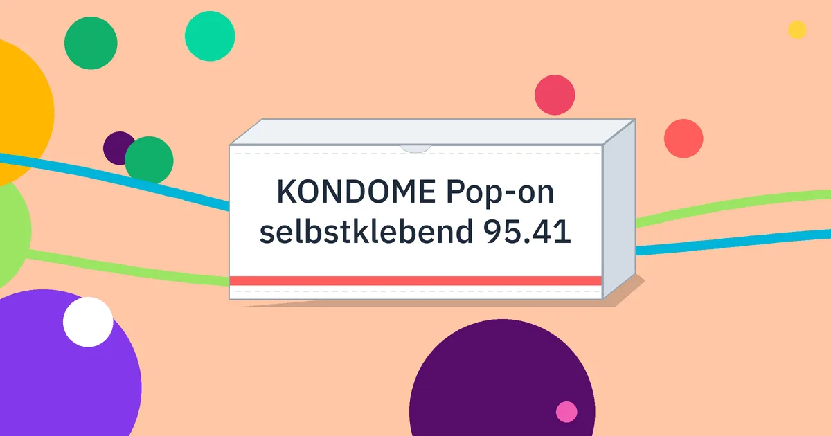 Symbolbild: Packung mit der Aufschrift KONDOME Pop-on selbstklebend 95.41 (PZN 07237320) – Verfügbarkeit und Bezug in Apotheken in Frankfurt am Main