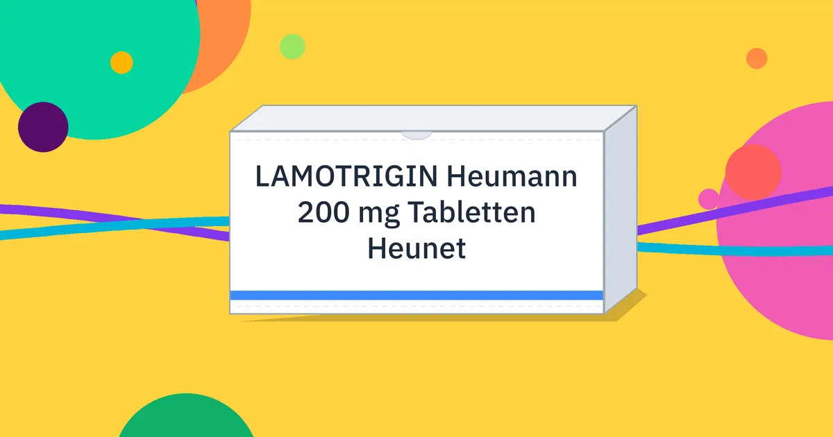 Symbolbild: Packung mit der Aufschrift LAMOTRIGIN Heumann 200 mg Tabletten Heunet (PZN 15304102) – Verfügbarkeit und Bezug in Apotheken in Frankfurt am Main