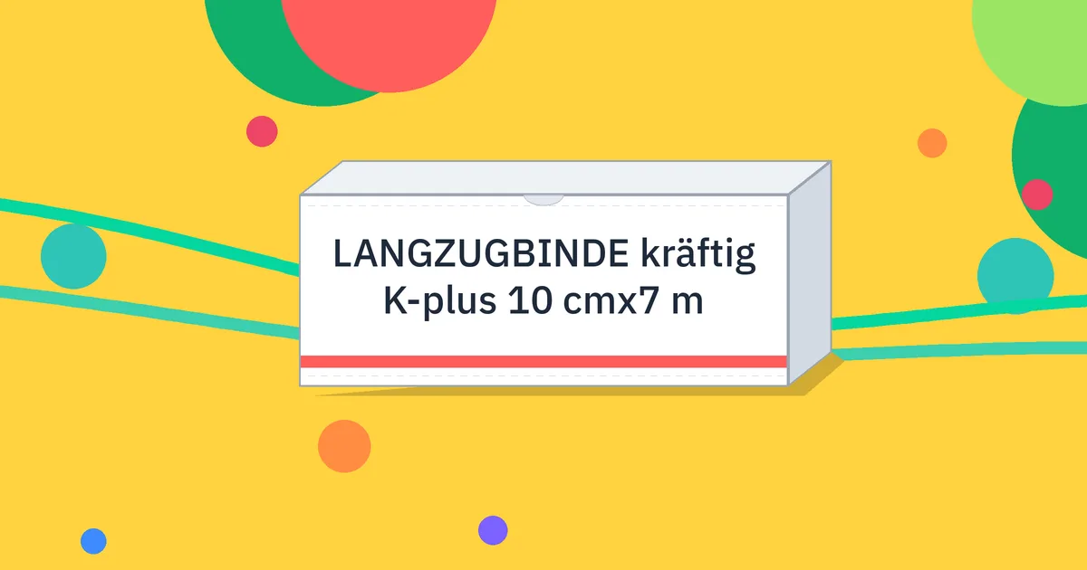Symbolbild: Packung mit der Aufschrift LANGZUGBINDE kräftig K-plus 10 cmx7 m (PZN 11058741) – Verfügbarkeit und Bezug in Apotheken in Frankfurt am Main