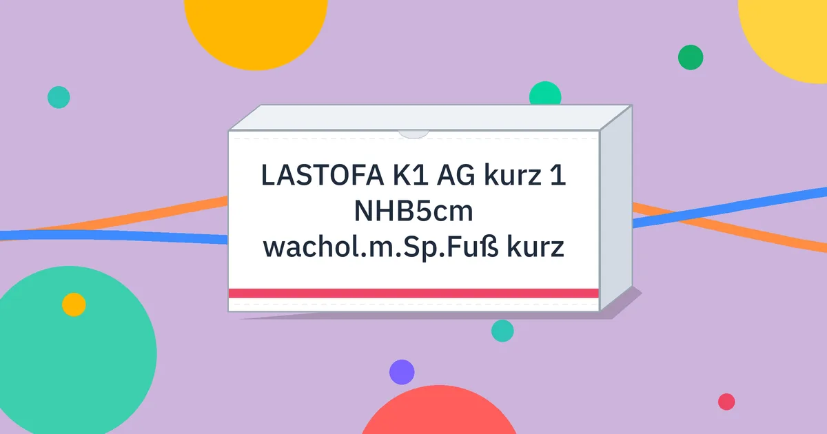 Symbolbild: Packung mit der Aufschrift LASTOFA K1 AG kurz 1 NHB5cm wachol.m.Sp.Fuß kurz (PZN 13788952) – Verfügbarkeit und Bezug in Apotheken in Frankfurt am Main