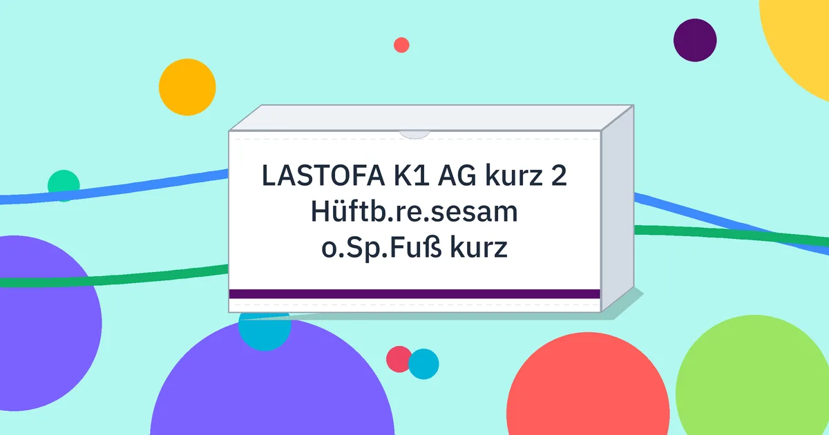 Symbolbild: Packung mit der Aufschrift LASTOFA K1 AG kurz 2 Hüftb.re.sesam o.Sp.Fuß kurz (PZN 13797827) – Verfügbarkeit und Bezug in Apotheken in Frankfurt am Main