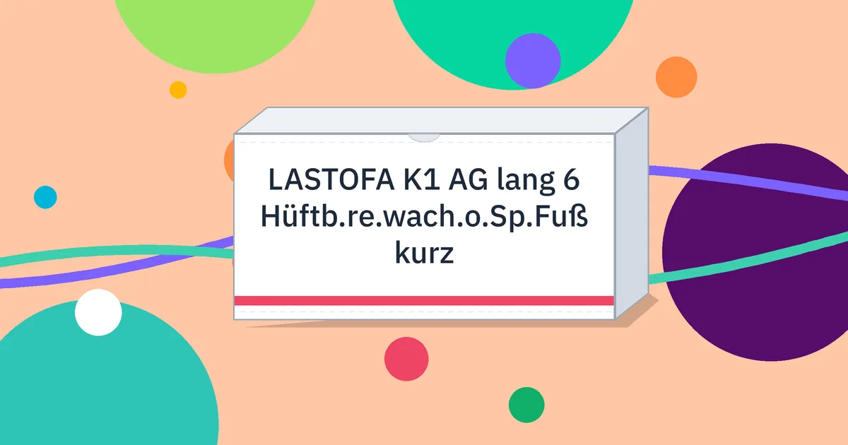 Symbolbild: Packung mit der Aufschrift LASTOFA K1 AG lang 6 Hüftb.re.wach.o.Sp.Fuß kurz (PZN 13799157) – Verfügbarkeit und Bezug in Apotheken in Frankfurt am Main