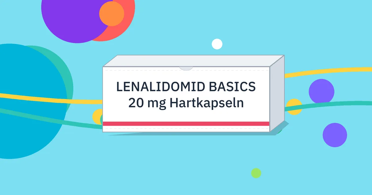 Symbolbild: Packung mit der Aufschrift LENALIDOMID BASICS 20 mg Hartkapseln (PZN 17816705) – Verfügbarkeit und Bezug in Apotheken in Frankfurt am Main