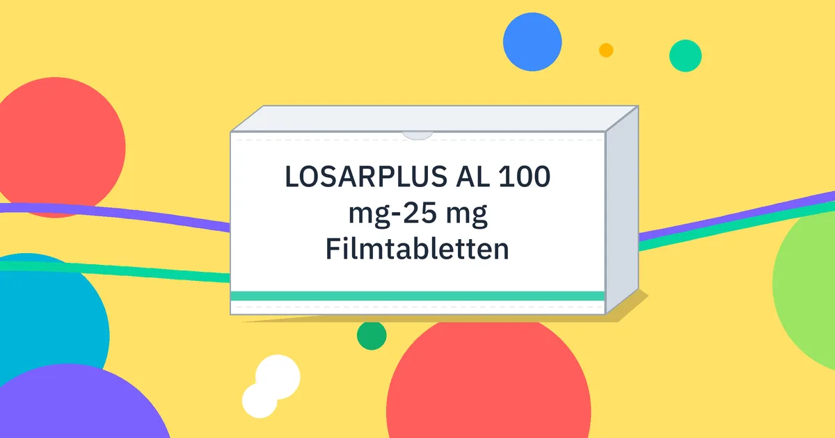 Symbolbild: Packung mit der Aufschrift LOSARPLUS AL 100 mg-25 mg Filmtabletten (PZN 01656033) – Verfügbarkeit und Bezug in Apotheken in Frankfurt am Main