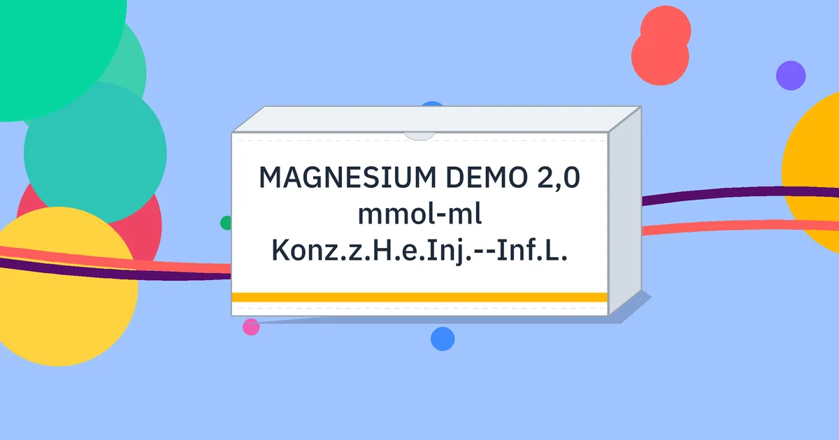 Symbolbild: Packung mit der Aufschrift MAGNESIUM DEMO 2,0 mmol-ml Konz.z.H.e.Inj.--Inf.L. (PZN 14307920) – Verfügbarkeit und Bezug in Apotheken in Frankfurt am Main