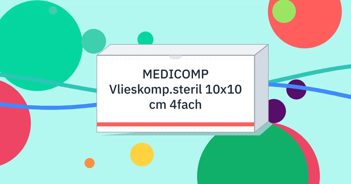 Symbolbild: Packung mit der Aufschrift MEDICOMP Vlieskomp.steril 10x10 cm 4fach (PZN 19367341) – Verfügbarkeit und Bezug in Apotheken in Frankfurt am Main