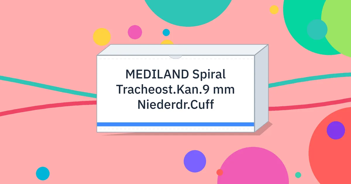 Symbolbild: Packung mit der Aufschrift MEDILAND Spiral Tracheost.Kan.9 mm Niederdr.Cuff (PZN 03155743) – Verfügbarkeit und Bezug in Apotheken in Frankfurt am Main
