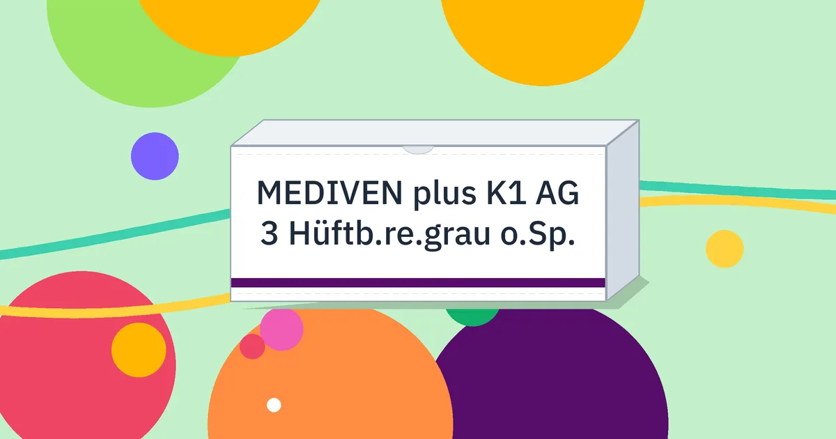 Symbolbild: Packung mit der Aufschrift MEDIVEN plus K1 AG 3 Hüftb.re.grau o.Sp. (PZN 18938830) – Verfügbarkeit und Bezug in Apotheken in Frankfurt am Main