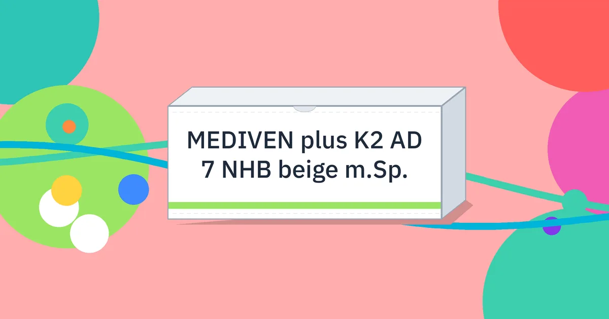 Symbolbild: Packung mit der Aufschrift MEDIVEN plus K2 AD 7 NHB beige m.Sp. (PZN 15937250) – Verfügbarkeit und Bezug in Apotheken in Frankfurt am Main