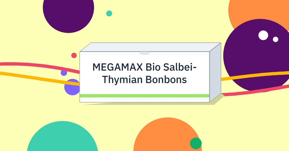 Symbolbild: Packung mit der Aufschrift MEGAMAX Bio Salbei-Thymian Bonbons (PZN 13585551) – Verfügbarkeit und Bezug in Apotheken in Frankfurt am Main