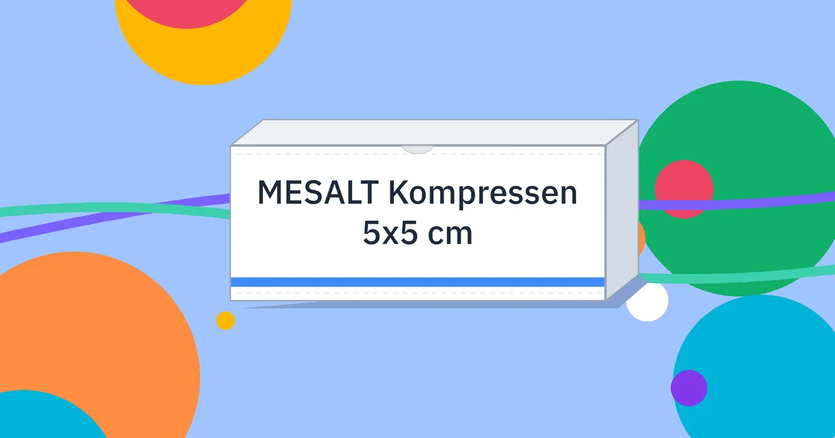 Symbolbild: Packung mit der Aufschrift MESALT Kompressen 5x5 cm (PZN 07733510) – Verfügbarkeit und Bezug in Apotheken in Frankfurt am Main