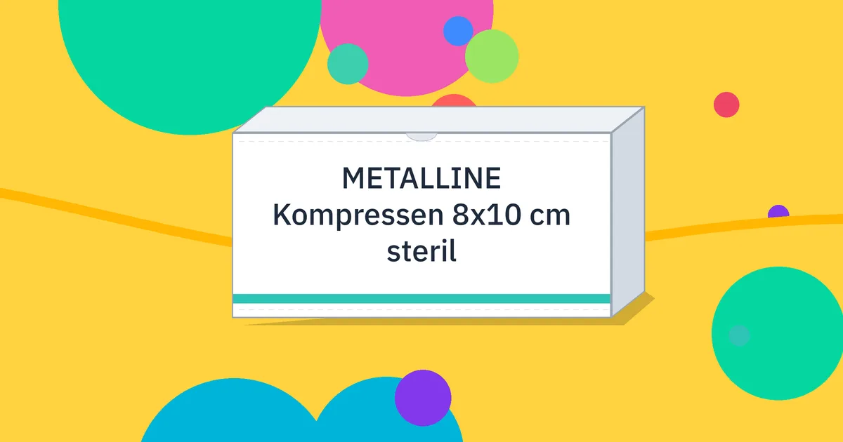 Symbolbild: Packung mit der Aufschrift METALLINE Kompressen 8x10 cm steril (PZN 19813119) – Verfügbarkeit und Bezug in Apotheken in Frankfurt am Main