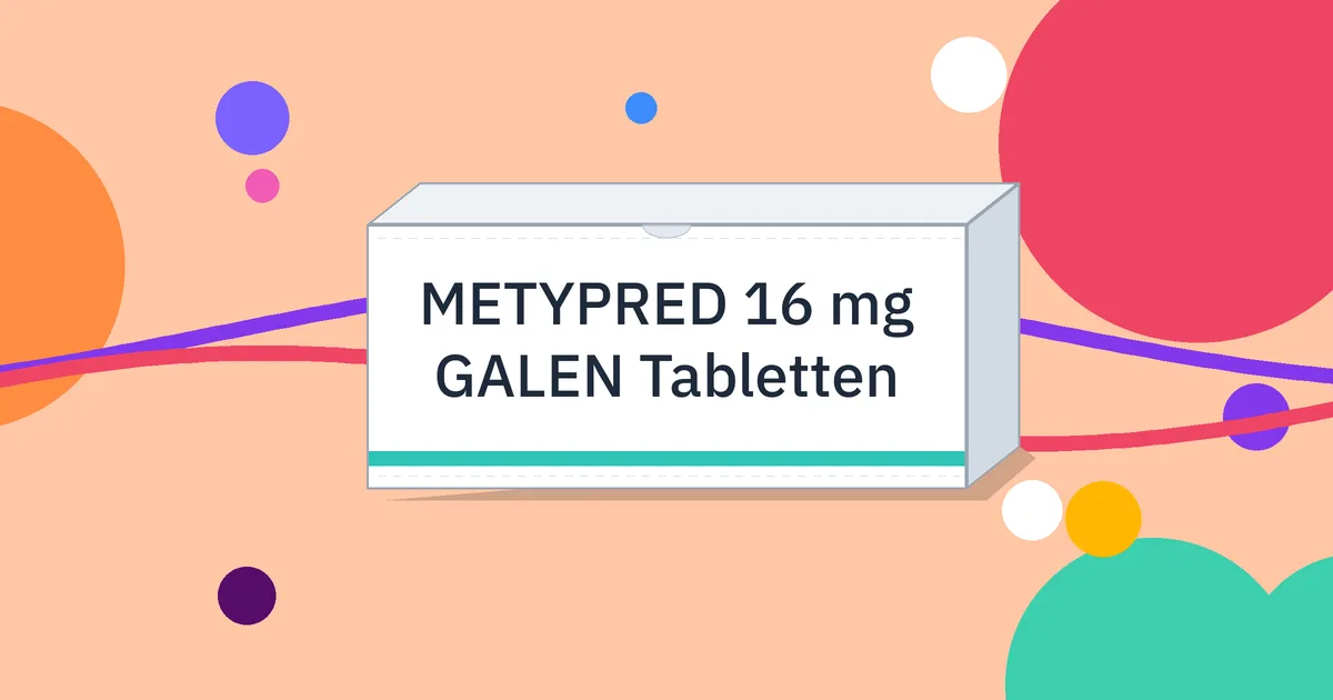 Symbolbild: Packung mit der Aufschrift METYPRED 16 mg GALEN Tabletten (PZN 01484460) – Verfügbarkeit und Bezug in Apotheken in Frankfurt am Main
