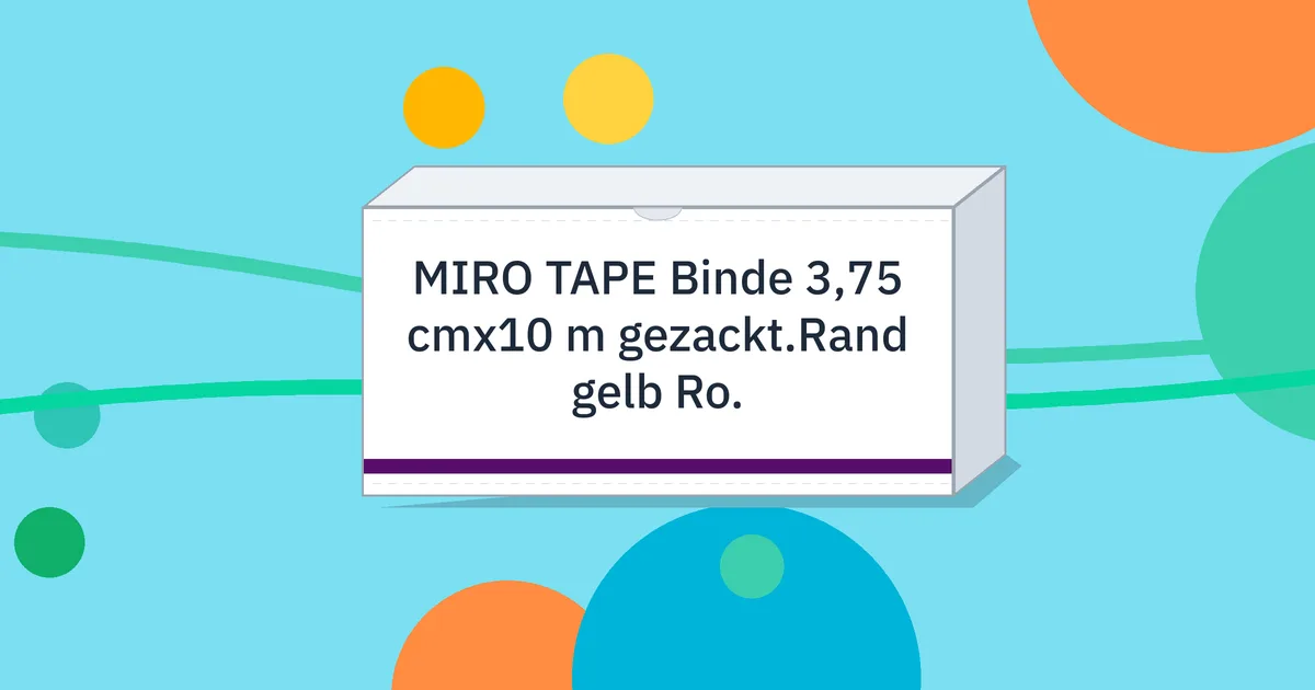 Symbolbild: Packung mit der Aufschrift MIRO TAPE Binde 3,75 cmx10 m gezackt.Rand gelb Ro. (PZN 00581534) – Verfügbarkeit und Bezug in Apotheken in Frankfurt am Main
