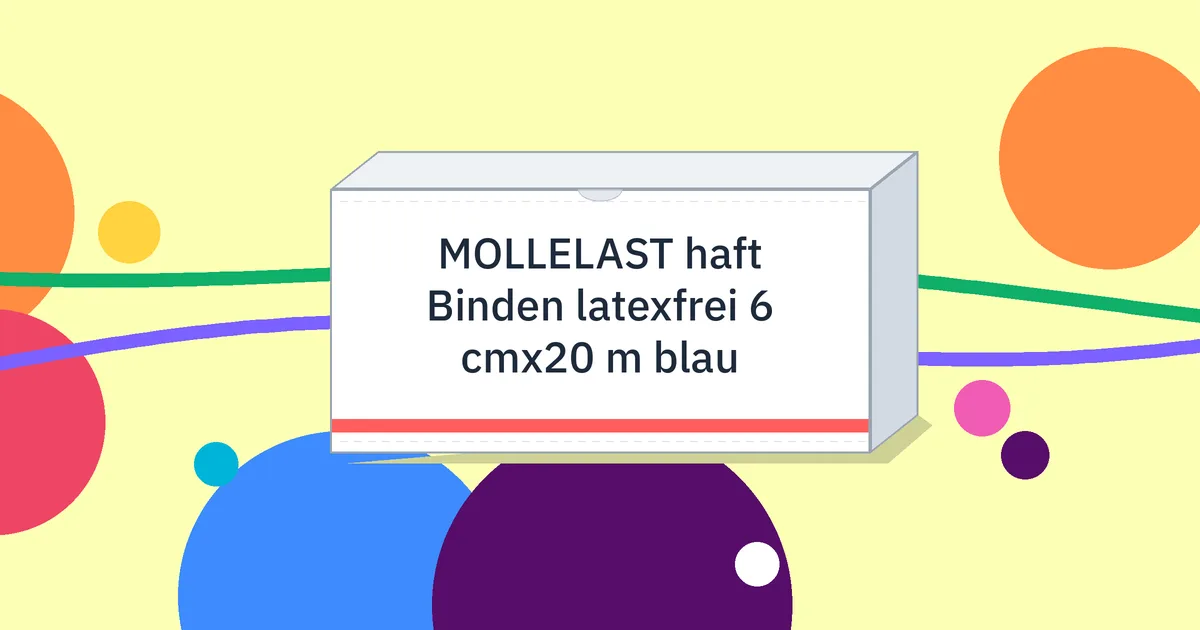 Symbolbild: Packung mit der Aufschrift MOLLELAST haft Binden latexfrei 6 cmx20 m blau (PZN 09886005) – Verfügbarkeit und Bezug in Apotheken in Frankfurt am Main