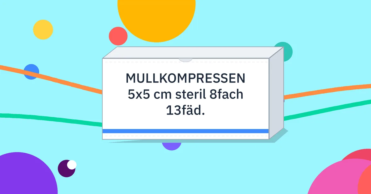 Symbolbild: Packung mit der Aufschrift MULLKOMPRESSEN 5x5 cm steril 8fach 13fäd. (PZN 06928766) – Verfügbarkeit und Bezug in Apotheken in Frankfurt am Main