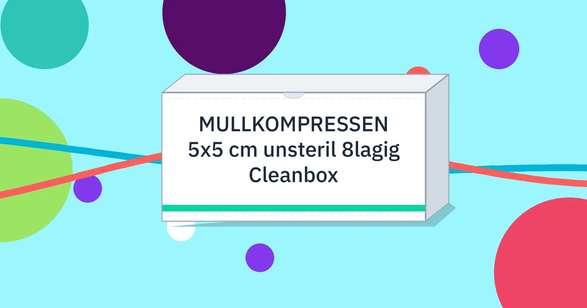 Symbolbild: Packung mit der Aufschrift MULLKOMPRESSEN 5x5 cm unsteril 8lagig Cleanbox (PZN 17563078) – Verfügbarkeit und Bezug in Apotheken in Frankfurt am Main