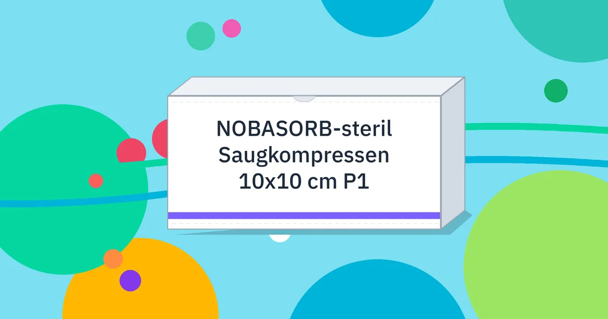 Symbolbild: Packung mit der Aufschrift NOBASORB-steril Saugkompressen 10x10 cm P1 (PZN 13981643) – Verfügbarkeit und Bezug in Apotheken in Frankfurt am Main