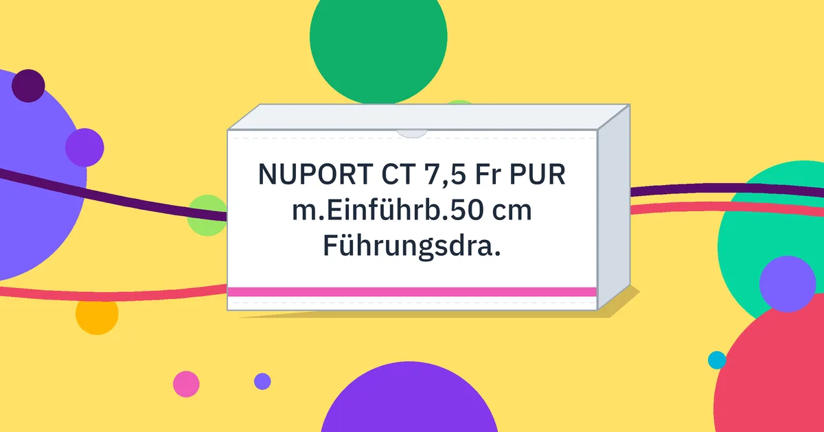 Symbolbild: Packung mit der Aufschrift NUPORT CT 7,5 Fr PUR m.Einführb.50 cm Führungsdra. (PZN 15618272) – Verfügbarkeit und Bezug in Apotheken in Frankfurt am Main