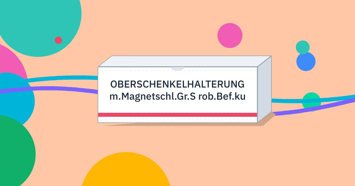 Symbolbild: Packung mit der Aufschrift OBERSCHENKELHALTERUNG m.Magnetschl.Gr.S rob.Bef.ku (PZN 11574891) – Verfügbarkeit und Bezug in Apotheken in Frankfurt am Main