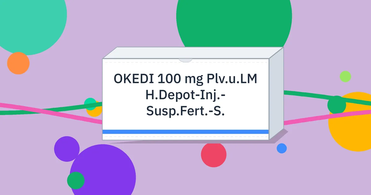 Symbolbild: Packung mit der Aufschrift OKEDI 100 mg Plv.u.LM H.Depot-Inj.-Susp.Fert.-S. (PZN 20210142) – Verfügbarkeit und Bezug in Apotheken in Frankfurt am Main