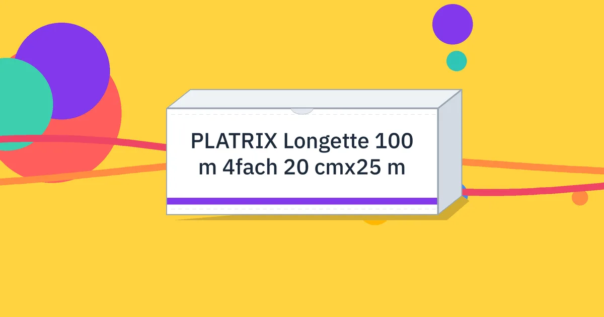 Symbolbild: Packung mit der Aufschrift PLATRIX Longette 100 m 4fach 20 cmx25 m (PZN 01939162) – Verfügbarkeit und Bezug in Apotheken in Frankfurt am Main