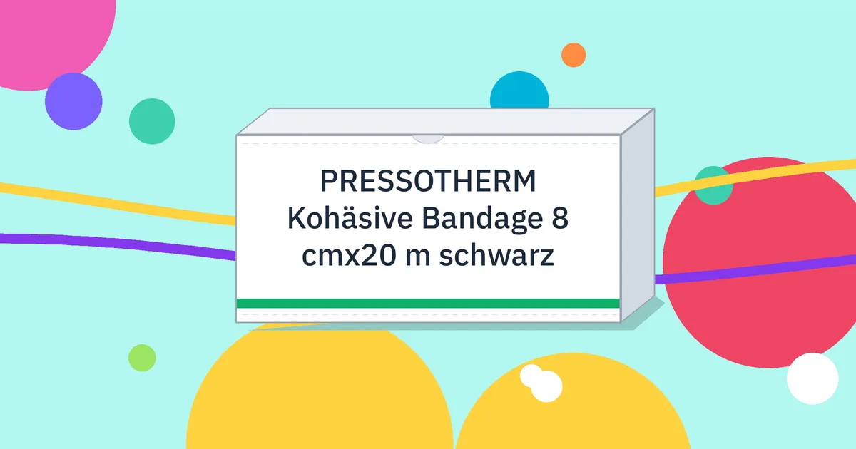 Symbolbild: Packung mit der Aufschrift PRESSOTHERM Kohäsive Bandage 8 cmx20 m schwarz (PZN 18201213) – Verfügbarkeit und Bezug in Apotheken in Frankfurt am Main