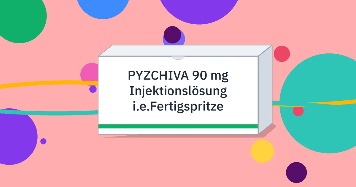 Symbolbild: Packung mit der Aufschrift PYZCHIVA 90 mg Injektionslösung i.e.Fertigspritze (PZN 19670855) – Verfügbarkeit und Bezug in Apotheken in Frankfurt am Main