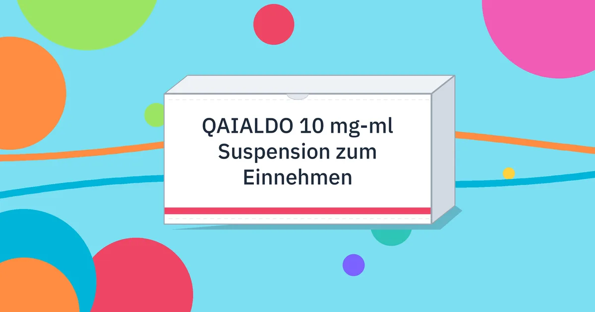 Symbolbild: Packung mit der Aufschrift QAIALDO 10 mg-ml Suspension zum Einnehmen (PZN 19964918) – Verfügbarkeit und Bezug in Apotheken in Frankfurt am Main