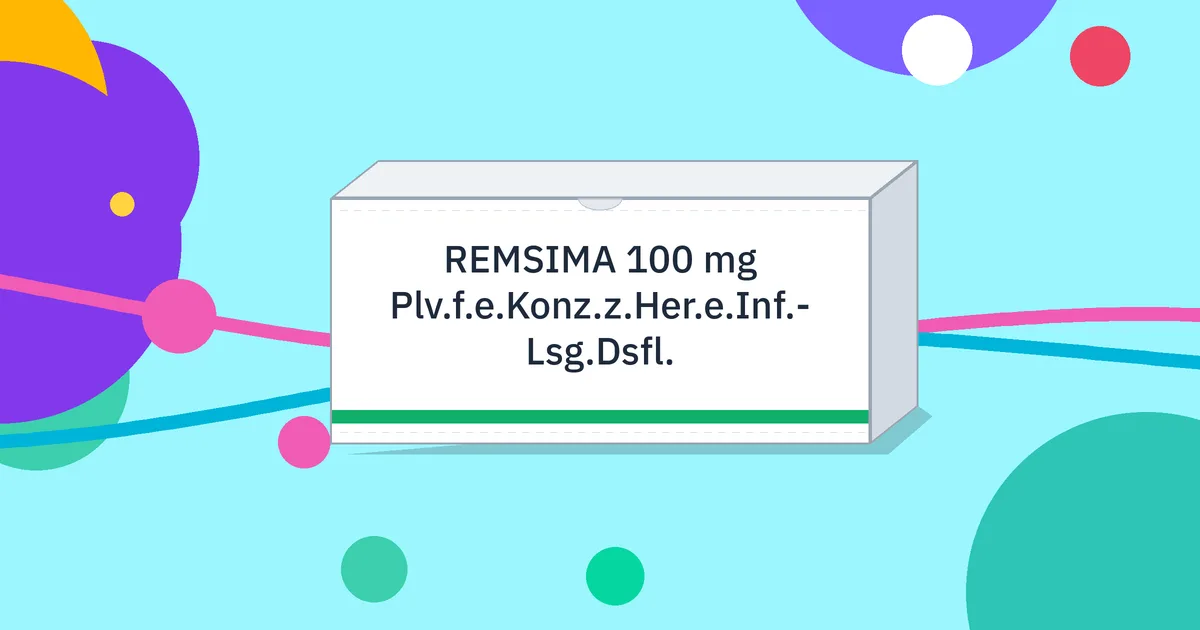 Symbolbild: Packung mit der Aufschrift REMSIMA 100 mg Plv.f.e.Konz.z.Her.e.Inf.-Lsg.Dsfl. (PZN 15433905) – Verfügbarkeit und Bezug in Apotheken in Frankfurt am Main