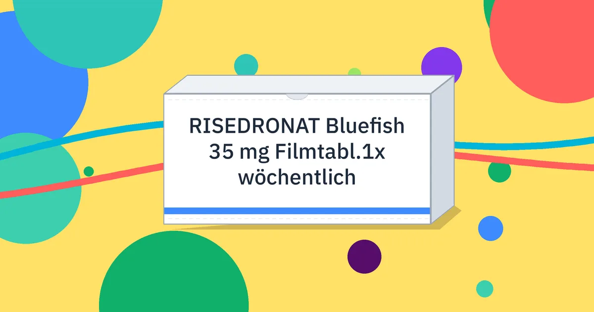 Symbolbild: Packung mit der Aufschrift RISEDRONAT Bluefish 35 mg Filmtabl.1x wöchentlich (PZN 20302424) – Verfügbarkeit und Bezug in Apotheken in Frankfurt am Main