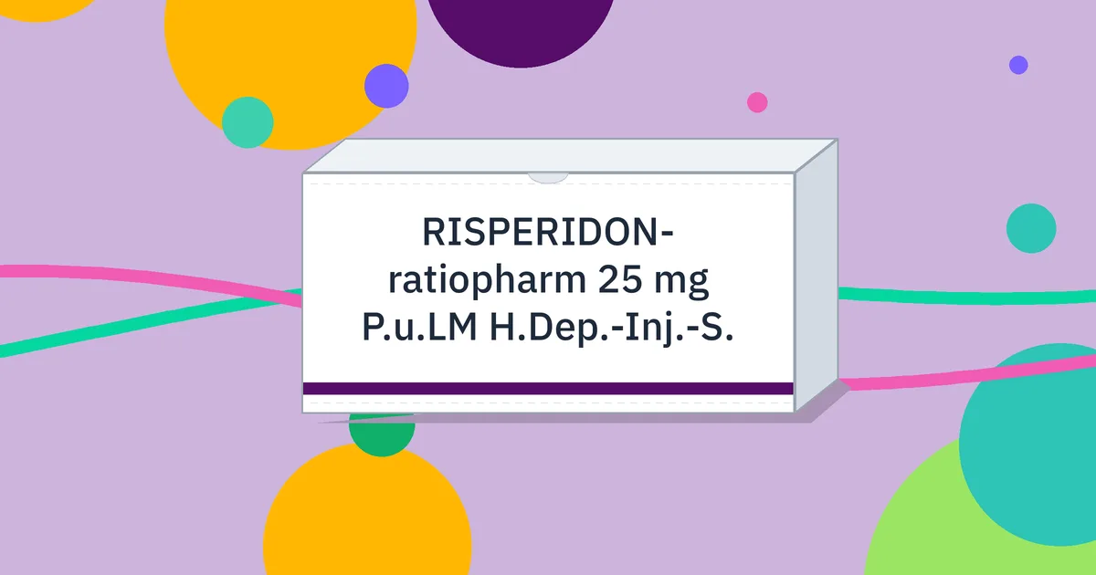 Symbolbild: Packung mit der Aufschrift RISPERIDON-ratiopharm 25 mg P.u.LM H.Dep.-Inj.-S. (PZN 20574855) – Verfügbarkeit und Bezug in Apotheken in Frankfurt am Main