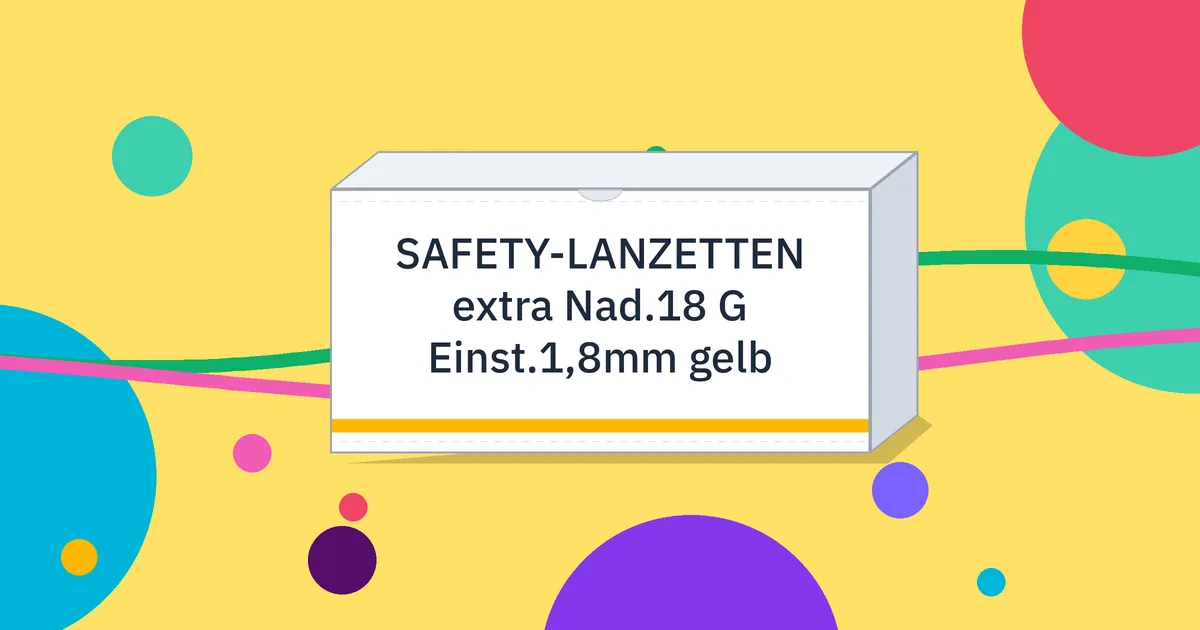 Symbolbild: Packung mit der Aufschrift SAFETY-LANZETTEN extra Nad.18 G Einst.1,8mm gelb (PZN 20914854) – Verfügbarkeit und Bezug in Apotheken in Frankfurt am Main