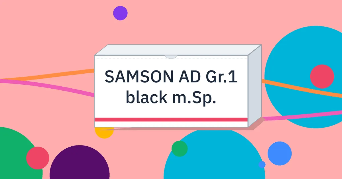 Symbolbild: Packung mit der Aufschrift SAMSON AD Gr.1 black m.Sp. (PZN 14248620) – Verfügbarkeit und Bezug in Apotheken in Frankfurt am Main