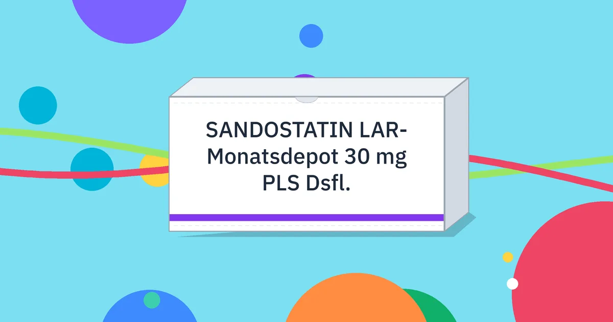 Symbolbild: Packung mit der Aufschrift SANDOSTATIN LAR-Monatsdepot 30 mg PLS Dsfl. (PZN 16869160) – Verfügbarkeit und Bezug in Apotheken in Frankfurt am Main