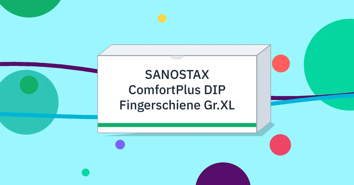 Symbolbild: Packung mit der Aufschrift SANOSTAX ComfortPlus DIP Fingerschiene Gr.XL (PZN 13159274) – Verfügbarkeit und Bezug in Apotheken in Frankfurt am Main