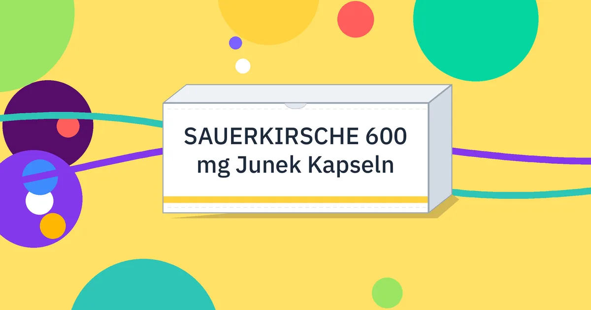 Symbolbild: Packung mit der Aufschrift SAUERKIRSCHE 600 mg Junek Kapseln (PZN 20856683) – Verfügbarkeit und Bezug in Apotheken in Frankfurt am Main