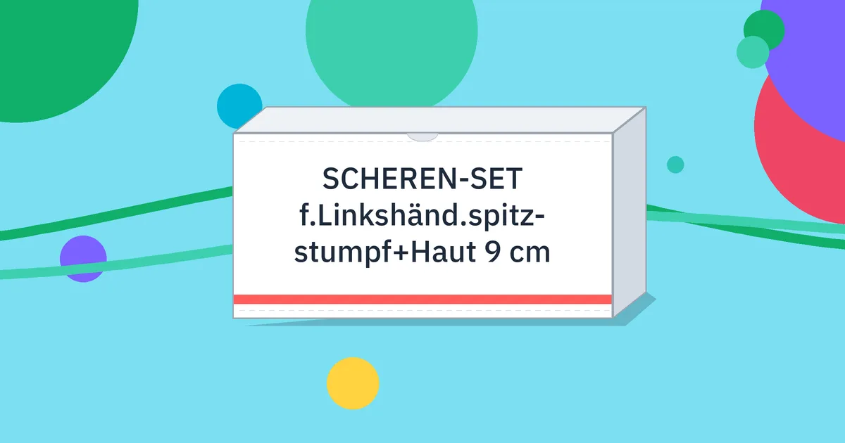 Symbolbild: Packung mit der Aufschrift SCHEREN-SET f.Linkshänd.spitz-stumpf+Haut 9 cm (PZN 10932621) – Verfügbarkeit und Bezug in Apotheken in Frankfurt am Main