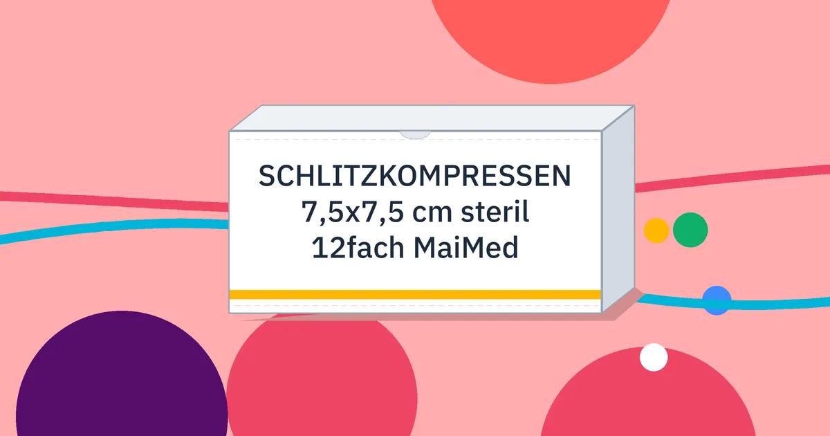 Symbolbild: Packung mit der Aufschrift SCHLITZKOMPRESSEN 7,5x7,5 cm steril 12fach MaiMed (PZN 20354415) – Verfügbarkeit und Bezug in Apotheken in Frankfurt am Main