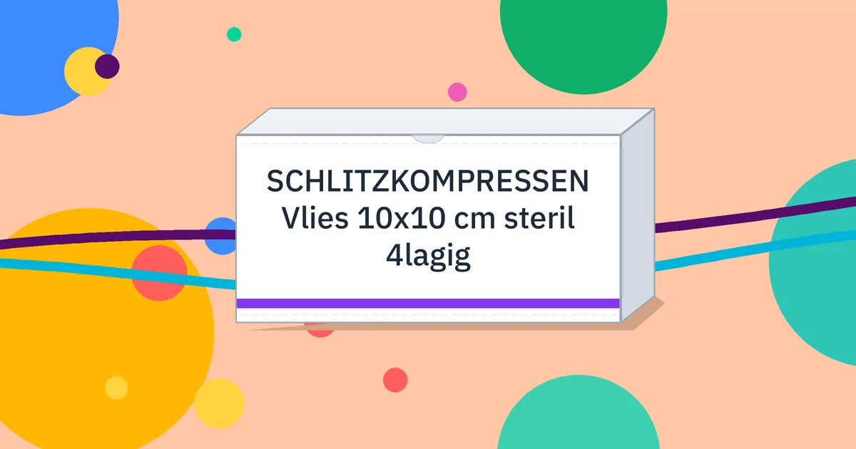 Symbolbild: Packung mit der Aufschrift SCHLITZKOMPRESSEN Vlies 10x10 cm steril 4lagig (PZN 17549693) – Verfügbarkeit und Bezug in Apotheken in Frankfurt am Main