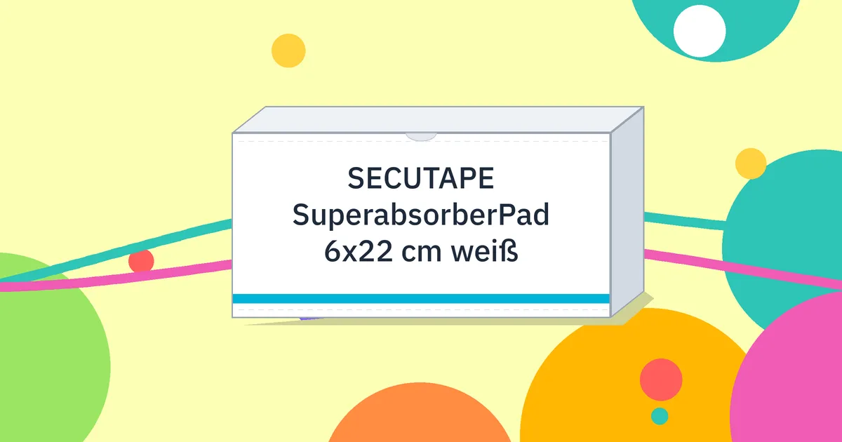 Symbolbild: Packung mit der Aufschrift SECUTAPE SuperabsorberPad 6x22 cm weiß (PZN 19957858) – Verfügbarkeit und Bezug in Apotheken in Frankfurt am Main
